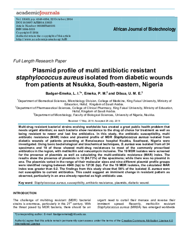 Pdf Plasmid Profile Of Multi Antibiotic Resistant Staphylococcus Aureus Isolated From Diabetic
