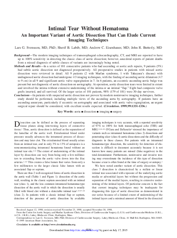 (PDF) Intimal Tear Without Hematoma : An Important Variant of Aortic ...