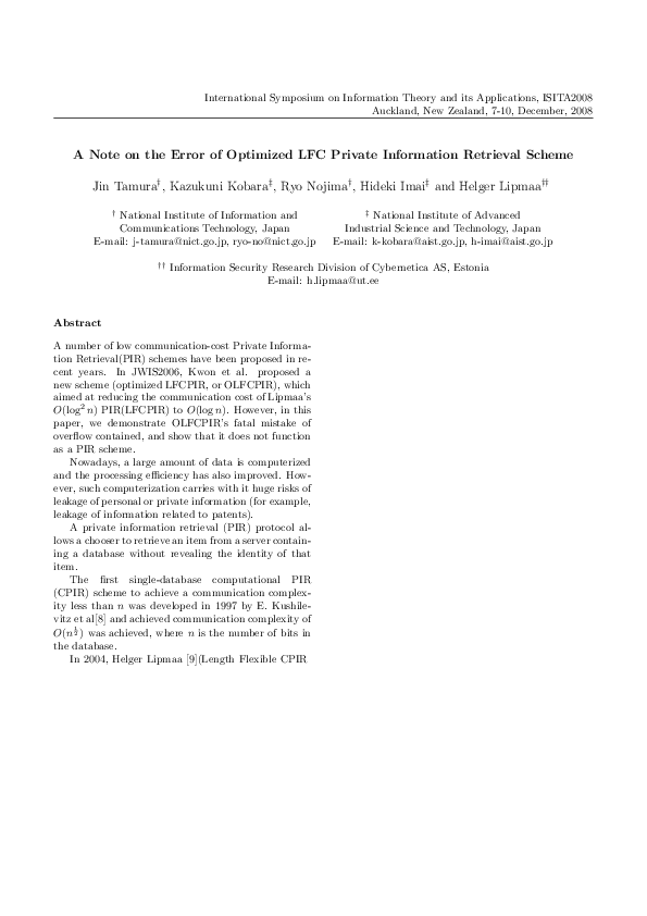(PDF) A note on the error of optimized LFC Private Information Retrieval scheme