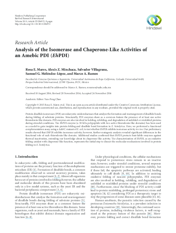 (PDF) Analysis of the Isomerase and Chaperone-Like Activities of an ...