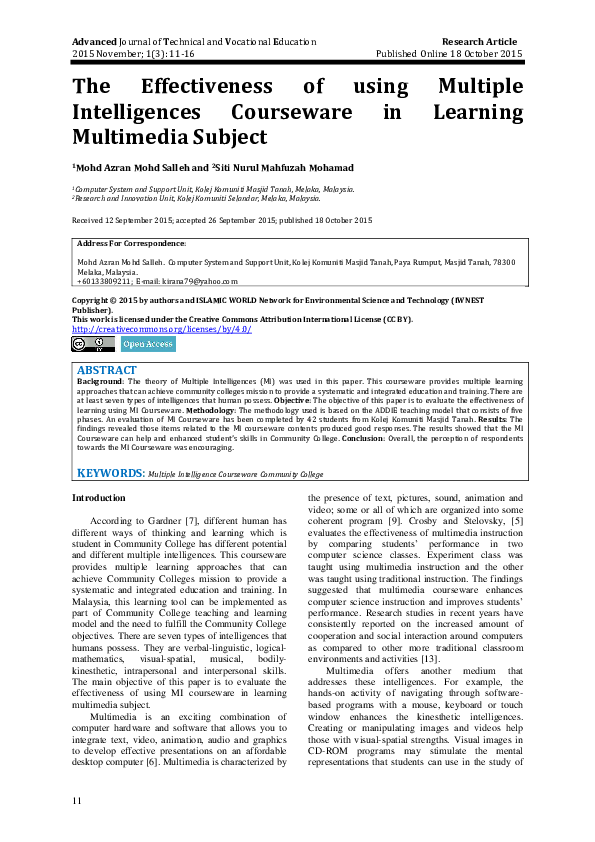 (PDF) The Effectiveness of using Multiple Intelligences Courseware in ...