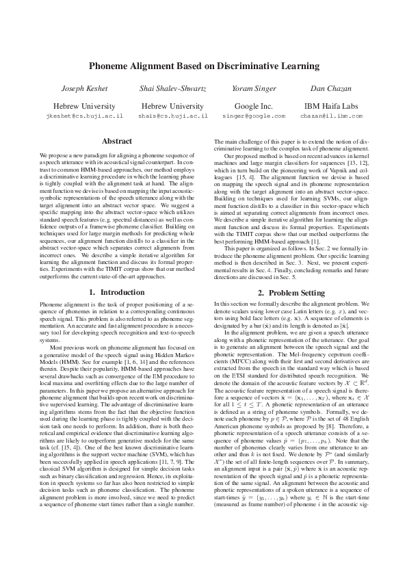 (PDF) Phoneme alignment based on discriminative learning
