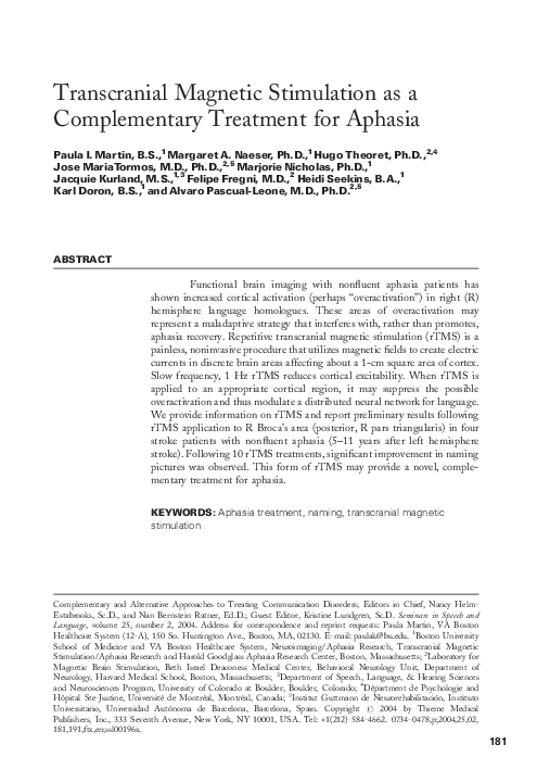(PDF) Transcranial Magnetic Stimulation as a Complementary Treatment for Aphasia