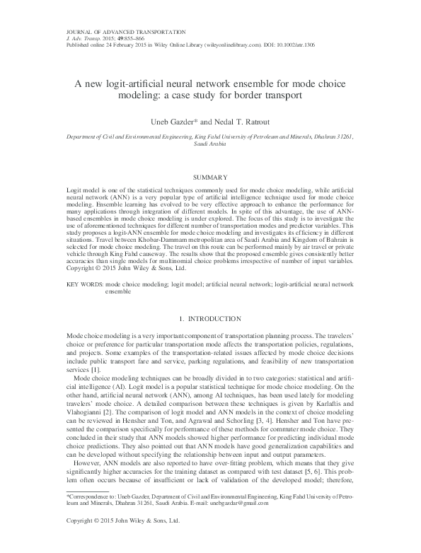 (PDF) A new logit-artificial neural network ensemble for mode choice modeling: a case study for ...