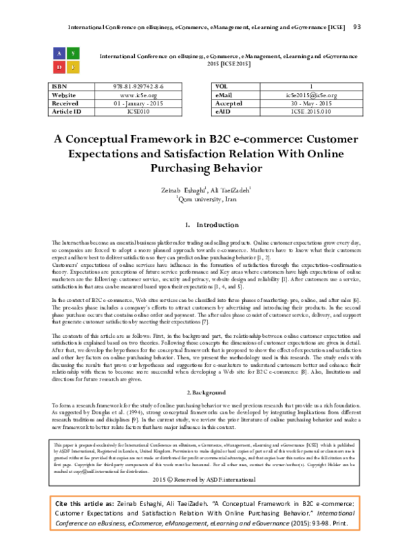 Pdf A Conceptual Framework In B2c E Commerce Customer Expectations And Satisfaction Relation