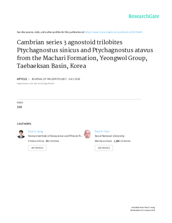 (PDF) Cambrian series 3 agnostoid trilobites Ptychagnostus sinicus and ...