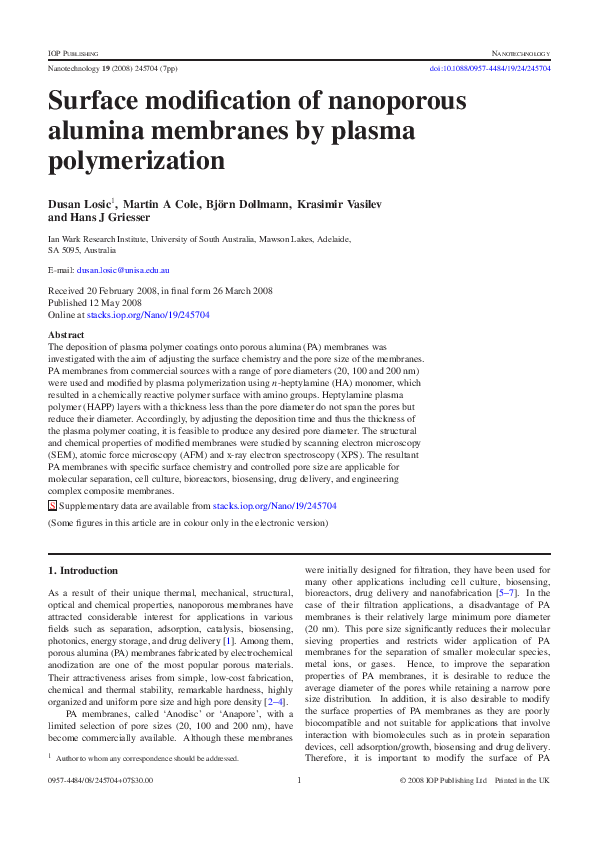 (PDF) Surface modification of nanoporous alumina membranes by plasma ...