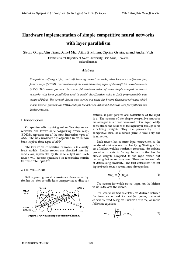 (PDF) Hardware Implementation of Simple Competitive Artificial Neural Networks with Neuron ...