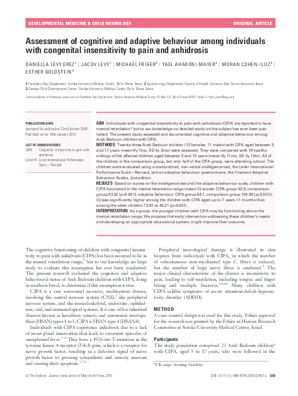 (PDF) Congenital insensitivity to pain - A rare case report | Sita ...