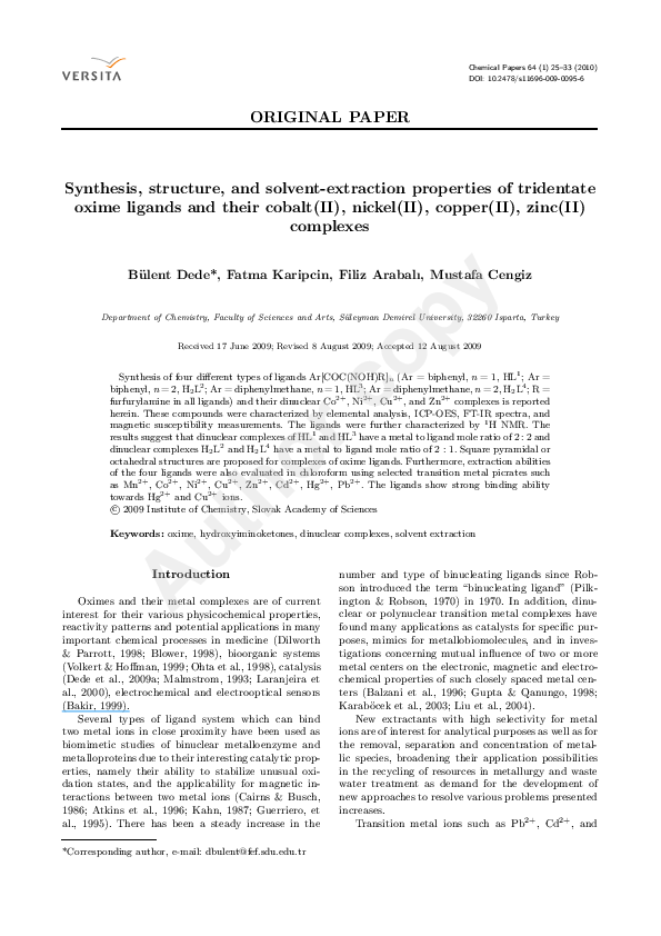 (PDF) Synthesis, structure, and solvent-extraction properties of tridentate oxime ligands and ...