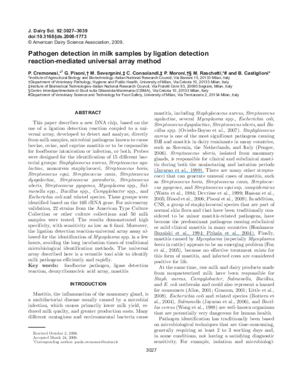 Pdf Pathogen Detection In Milk Samples By Ligation Detection Reaction Mediated Universal Array