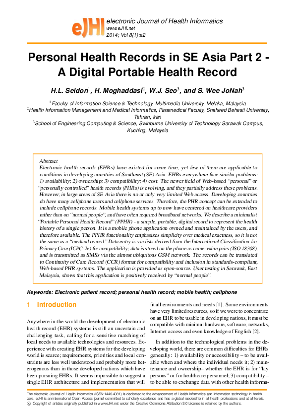 (PDF) Personal Health Records in SE Asia Part 2 - A Digital Portable ...