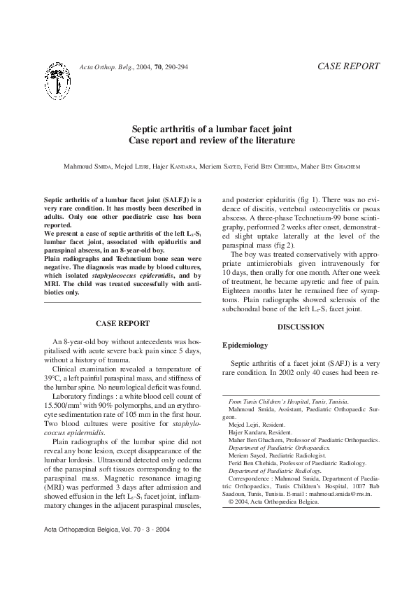 (PDF) Septic arthritis of a lumbar facet joint case report and review ...