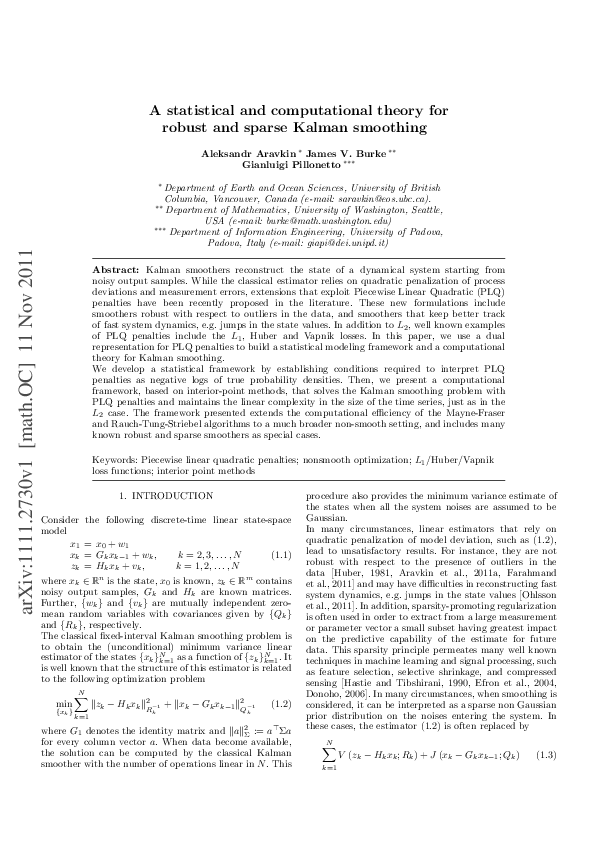 (PDF) A Statistical and Computational Theory for Robust and Sparse Kalman Smoothing