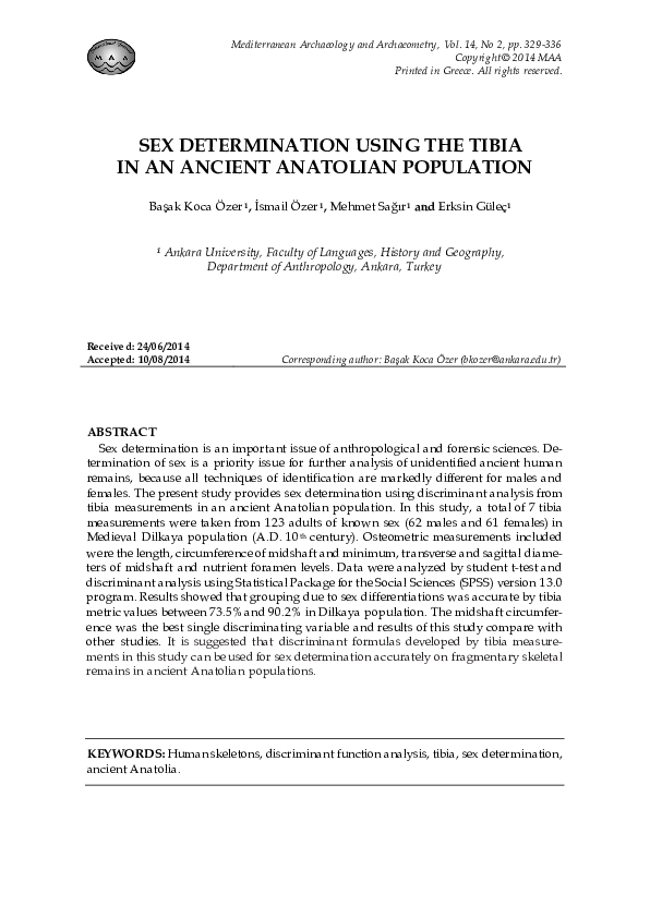 Pdf Sex Determination Using The Tibia In An Ancient Anatolian Population