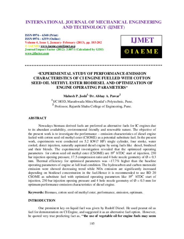 (PDF) EXPERIMENTAL STUDY OF PERFORMANCE-EMISSION CHARACTERISTICS OF CI ENGINE FUELLED WITH ...