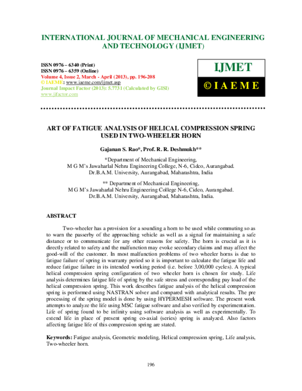 Pdf Art Of Fatigue Analysis Of Helical Compression Spring Used In Two
