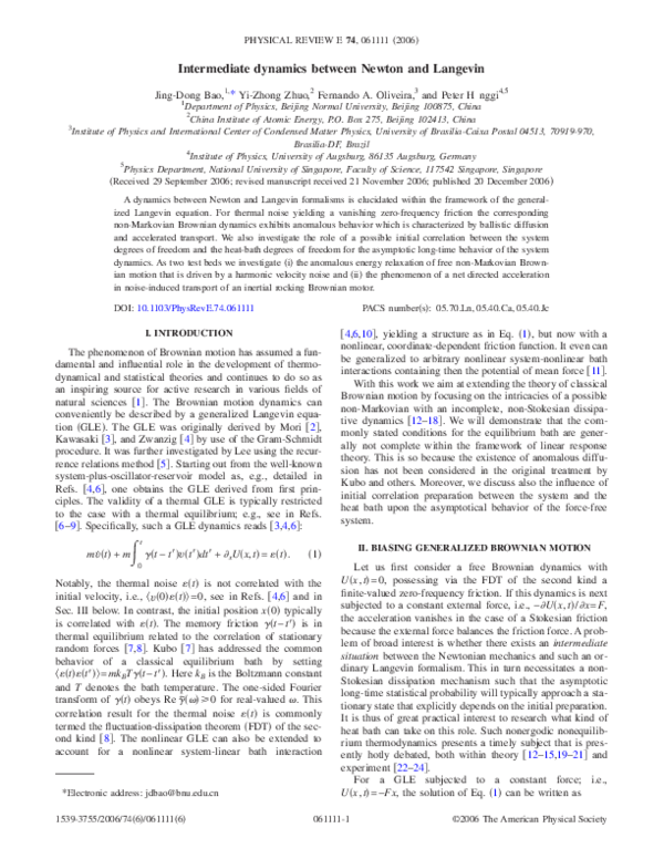 (PDF) Intermediate dynamics between Newton and Langevin