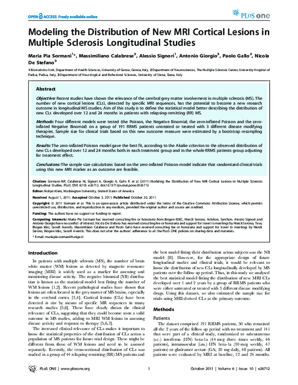 (PDF) Modeling the Distribution of New MRI Cortical Lesions in Multiple Sclerosis Longitudinal ...