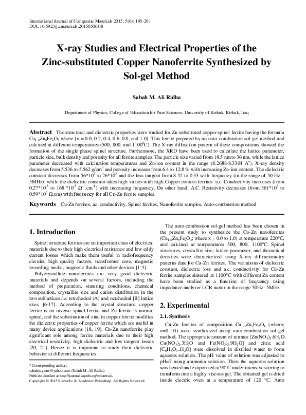 (PDF) X-ray Studies and Electrical Properties of the Zinc-substituted Copper Nanoferrite ...