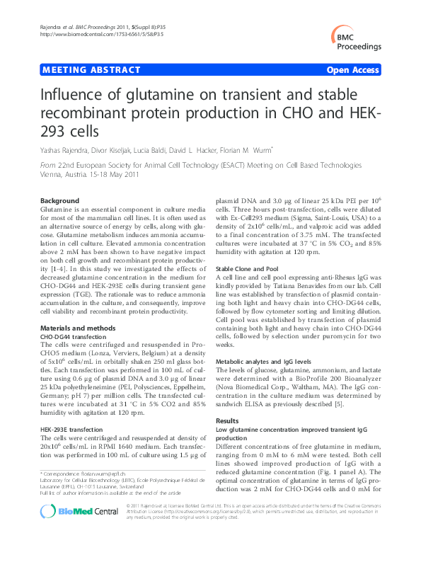 (PDF) Influence of glutamine on transient and stable recombinant protein production in CHO and ...