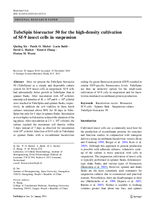 (PDF) TubeSpin bioreactor 50 for the high-density cultivation of Sf-9 ...