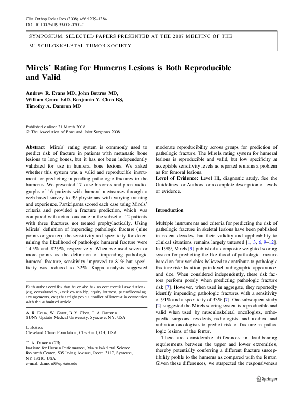 (PDF) Mirels’ Rating for Humerus Lesions is Both Reproducible and Valid