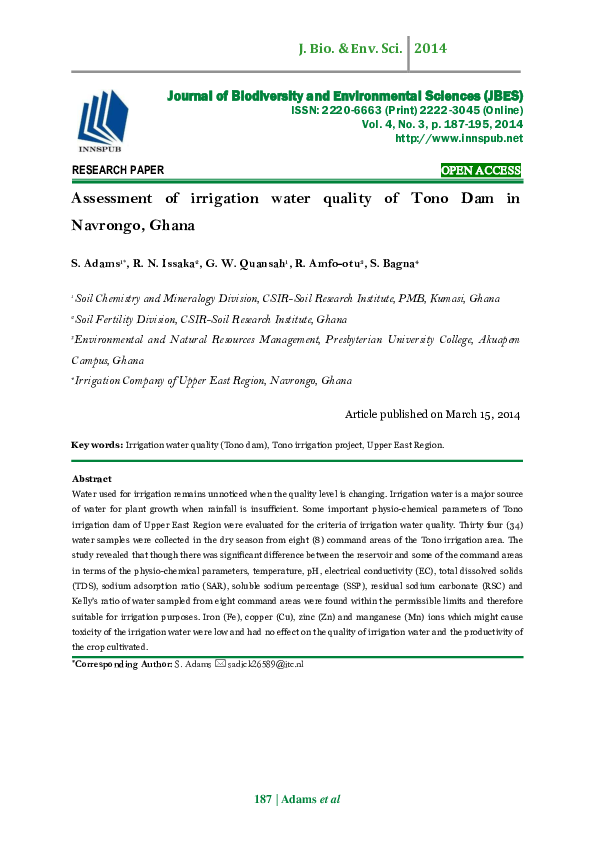 Assessment of irrigation water quality of Tono Dam in Navrongo, Ghana