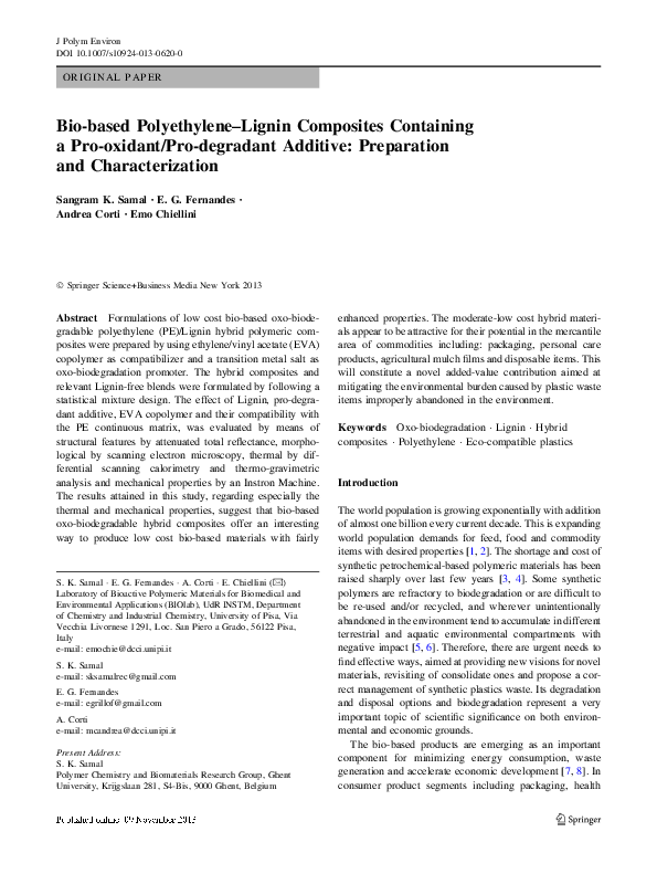 (PDF) Bio-based Polyethylene–Lignin Composites Containing a Pro-oxidant ...
