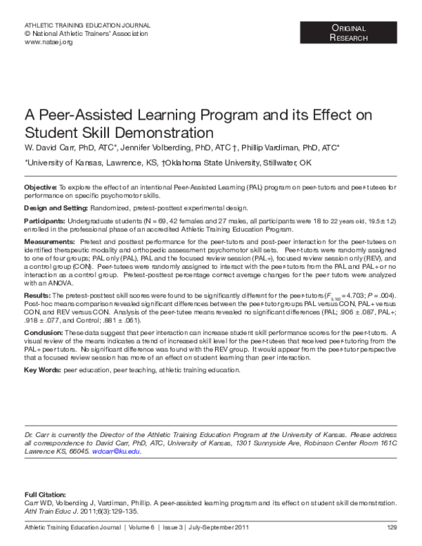 (PDF) A peer assisted learning program and its effect on student skill ...