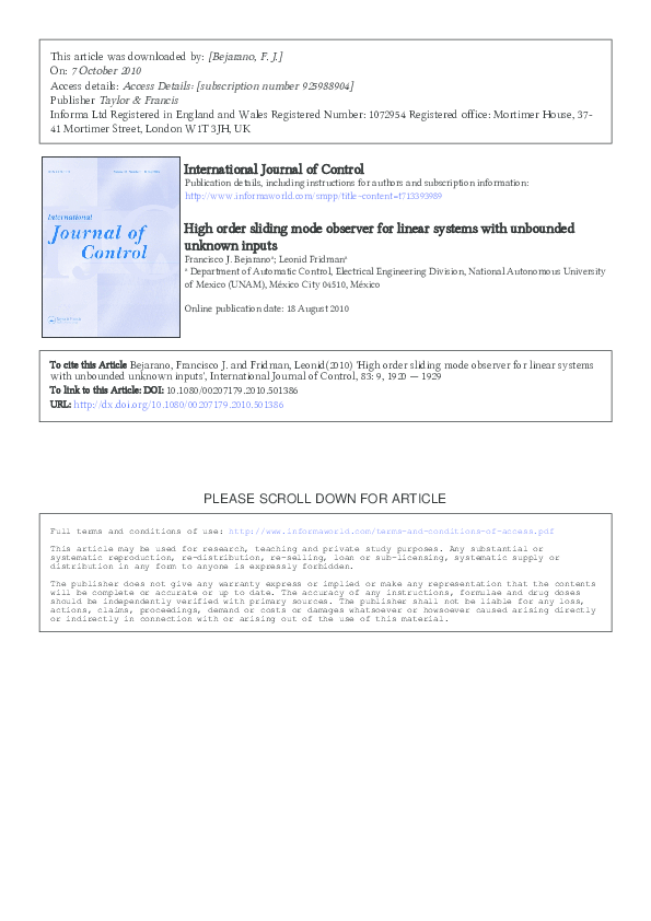 (PDF) High order sliding mode observer for linear systems with unbounded unknown inputs