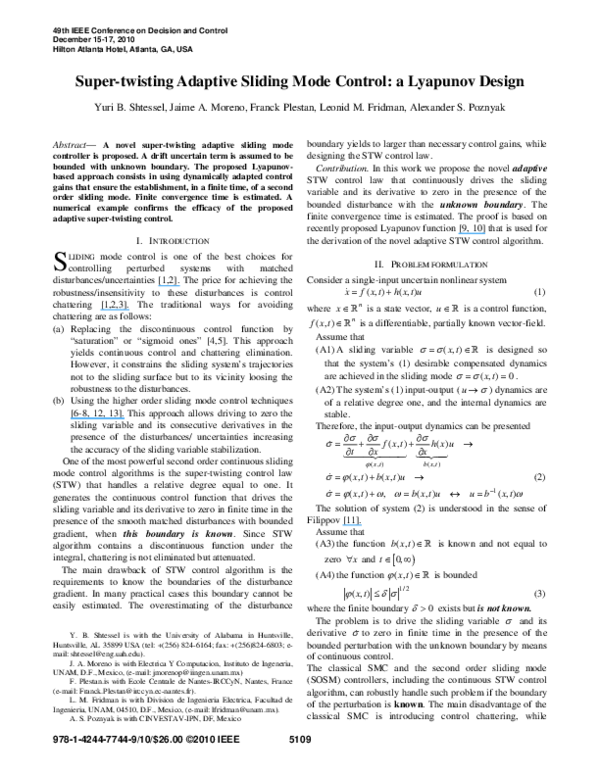 Pdf Super Twisting Adaptive Sliding Mode Control A Lyapunov Design Leonid Fridman