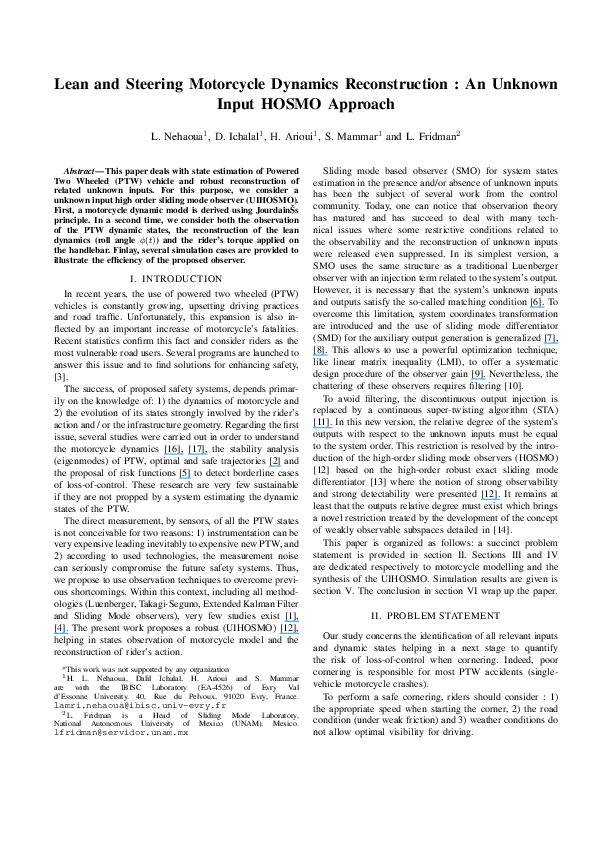 (PDF) Lean and steering motorcycle dynamics reconstruction: An unknown ...