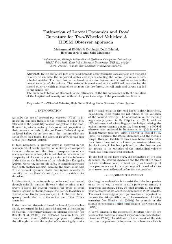 (PDF) Estimation of Lateral Dynamics and Road Curvature for Two-Wheeled Vehicles: A HOSM ...