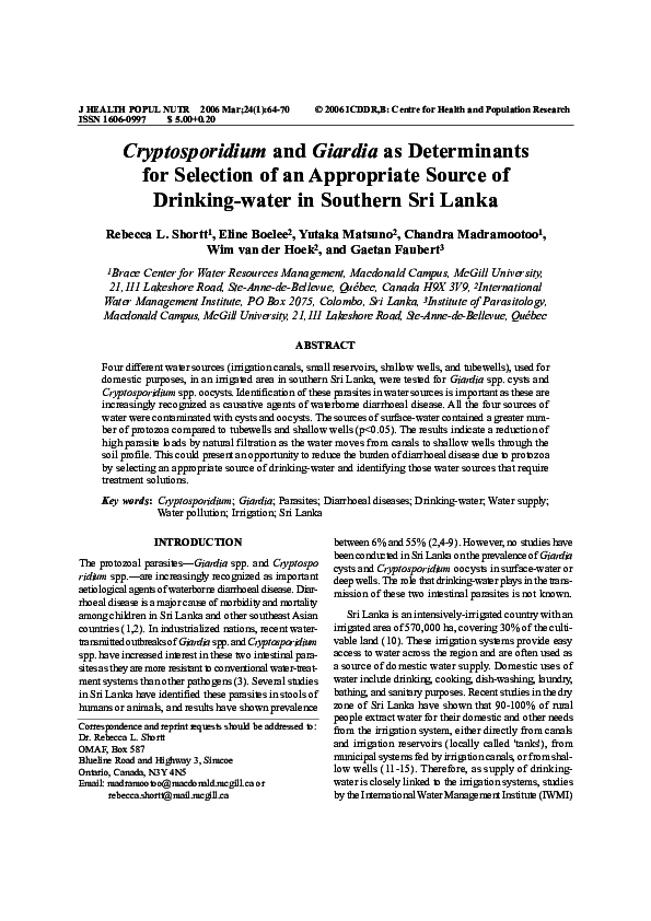 (PDF) Cryptosporidium and Giardia as determinants for selection of an ...