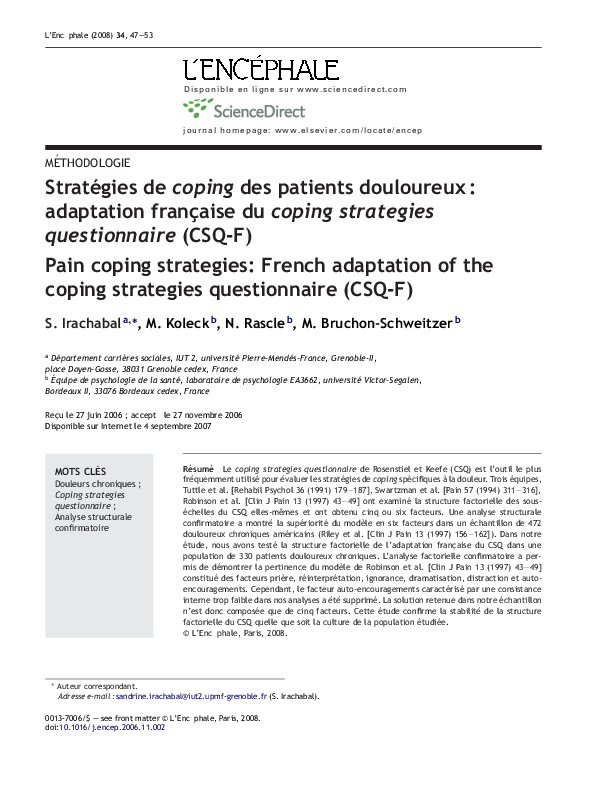 (PDF) Stratégies de coping des patients douloureux : adaptation ...