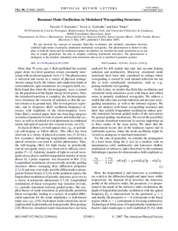 (PDF) Resonant Mode Oscillations in Modulated Waveguiding Structures | L. Torner - Academia.edu