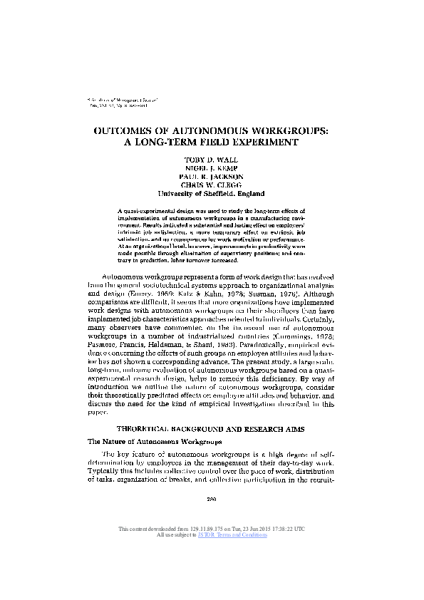 (PDF) Outcomes of autonomous workgroups: A long‐term field experiment ...