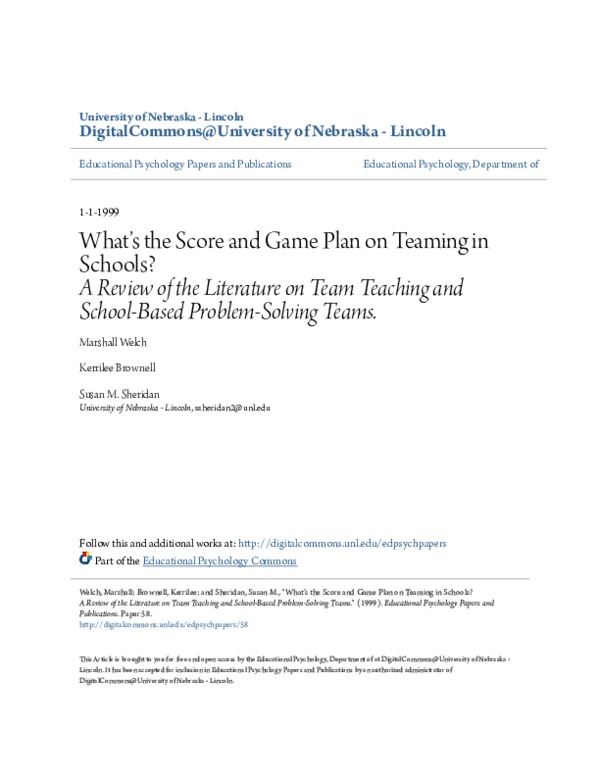 (PDF) What's the Score and Game Plan on Teaming in Schools?: A Review of the Literature on Team ...