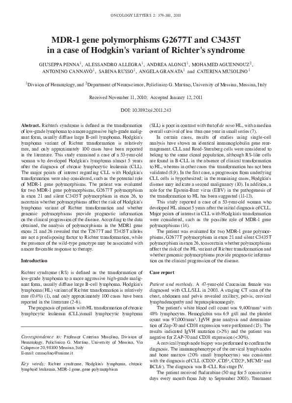 (PDF) MDR-1 gene polymorphisms G2677T and C3435T in a case of Hodgkin's ...