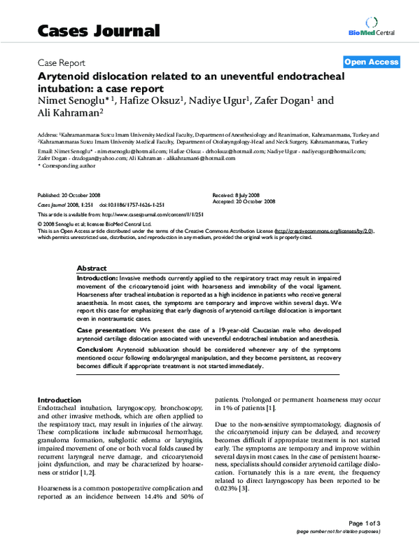 (PDF) Arytenoid dislocation related to an uneventful endotracheal ...