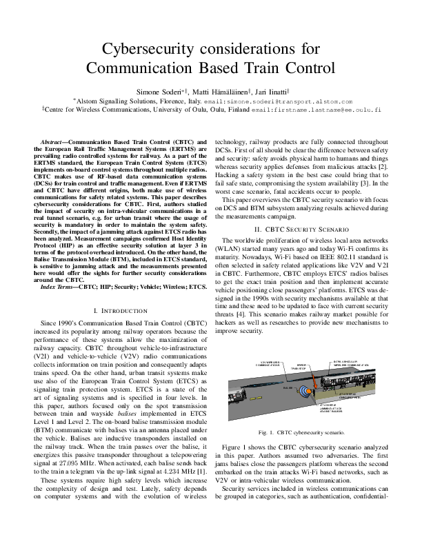 (PDF) Cybersecurity considerations for Communication Based Train Control