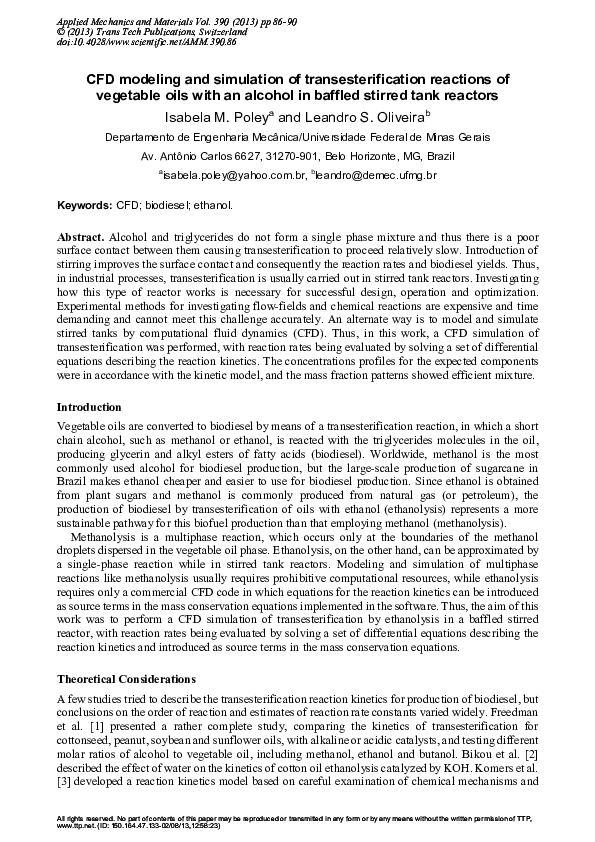 (PDF) CFD modeling and simulation of transesterification reactions of ...