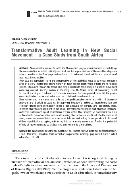 Transformative Adult Learning in New Social Movement – a Case Study ...