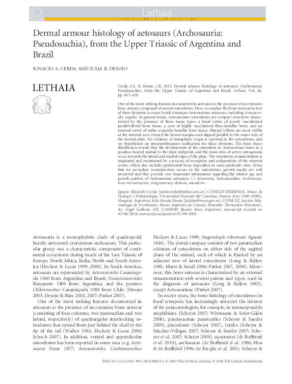 (PDF) Dermal armour histology of aetosaurs (Archosauria: Pseudosuchia ...