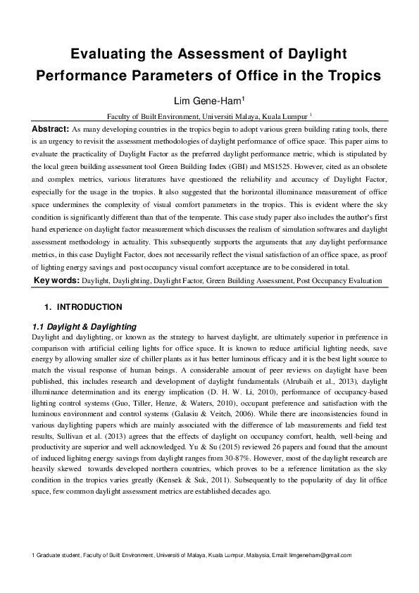 (PDF) Evaluating the Assessment of Daylight Performance Parameters of Office in the Tropics