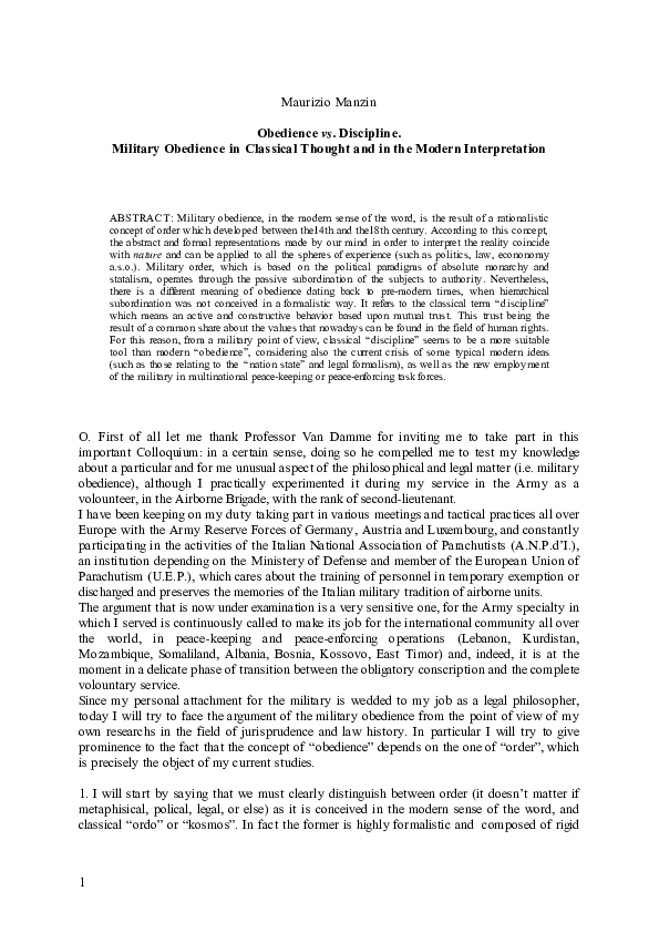 (PDF) Obedience vs. Discipline. Military Obedience in Classical Thought ...