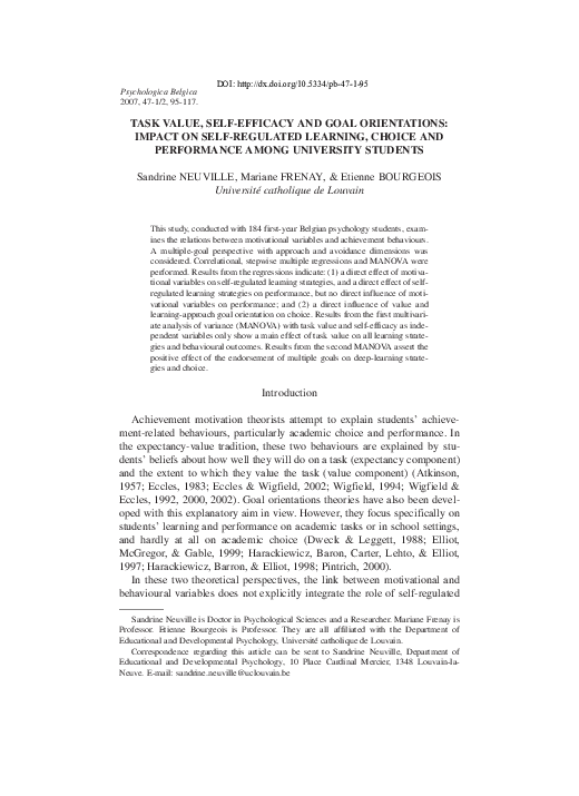 (PDF) Task Value, Self-Efficacy and Goal Orientations: Impact on self ...
