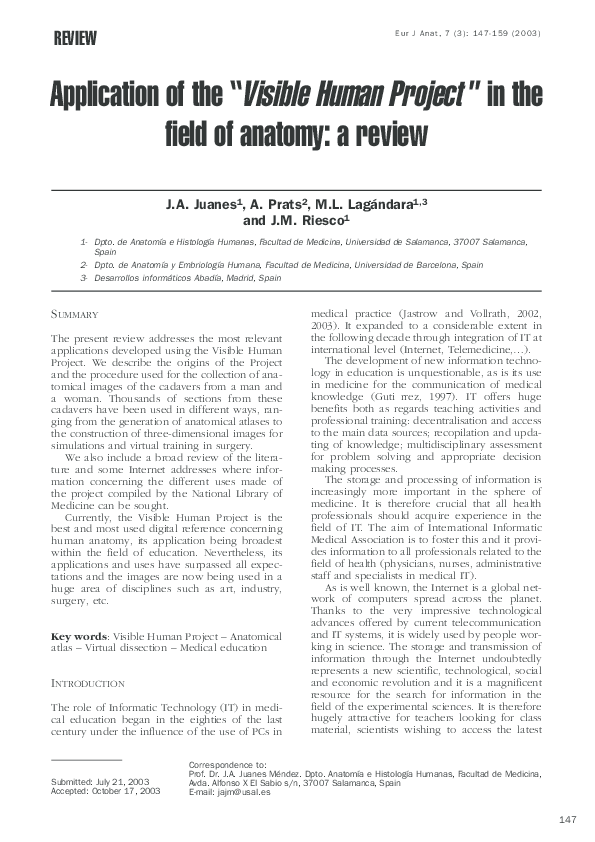 (PDF) Application of the "Visible Human Project " in the field of ...