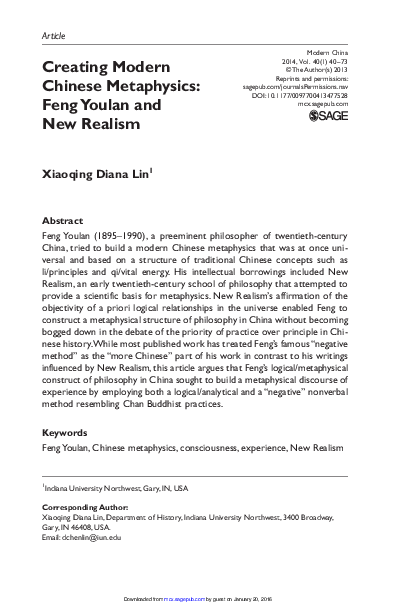 (PDF) Creating Modern Chinese Metaphysics: Feng Youlan and New Realism